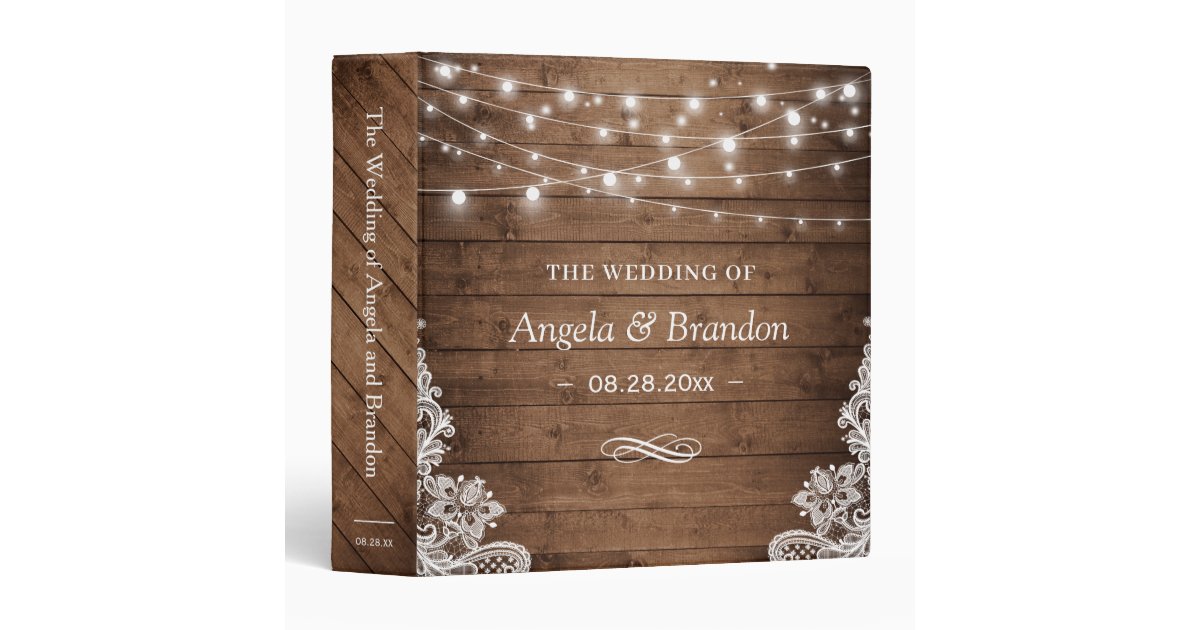 Rustic Wood Twinkle Lights Lace Wedding 3 Ring Binder | Zazzle