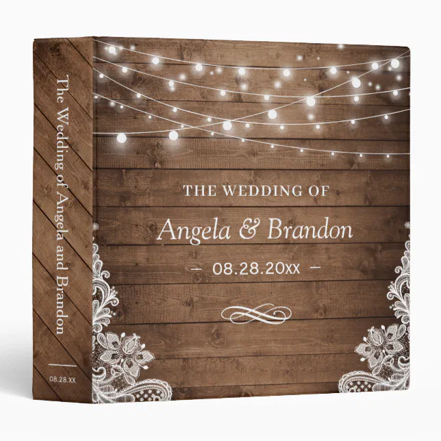 Rustic Wood Twinkle Lights Lace Wedding 3 Ring Binder | Zazzle