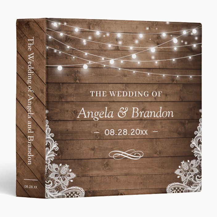Rustic Wood Twinkle Lights Lace Wedding 3 Ring Binder | Zazzle.com