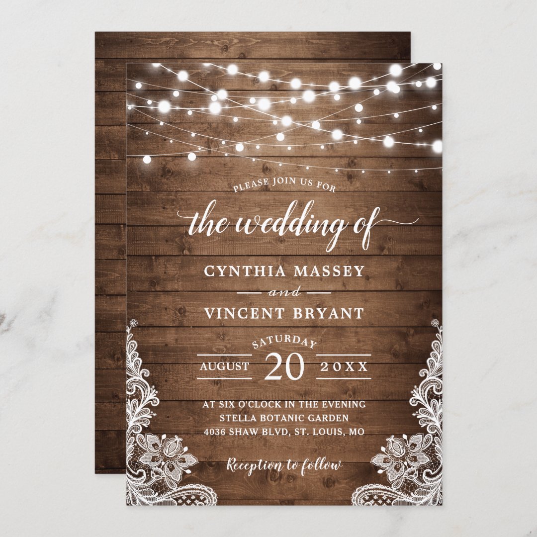 Rustic Wood Twinkle String Lights Lace Wedding Invitation | Zazzle
