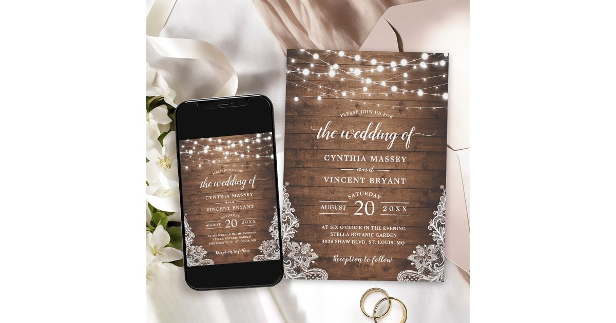 Rustic Wood Twinkle String Lights Lace Wedding Invitation | Zazzle