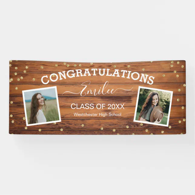 Rustic Wood Two Photo Congratulations Graduation Banner | Zazzle