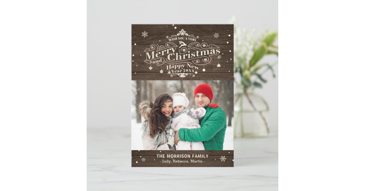 Rustic Wood Typography Merry Christmas Photo Holiday Card | Zazzle