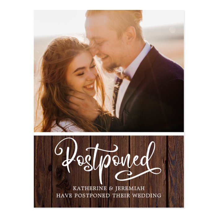 Rustic Wood Typography Wedding Postponement Postcard | Zazzle.com