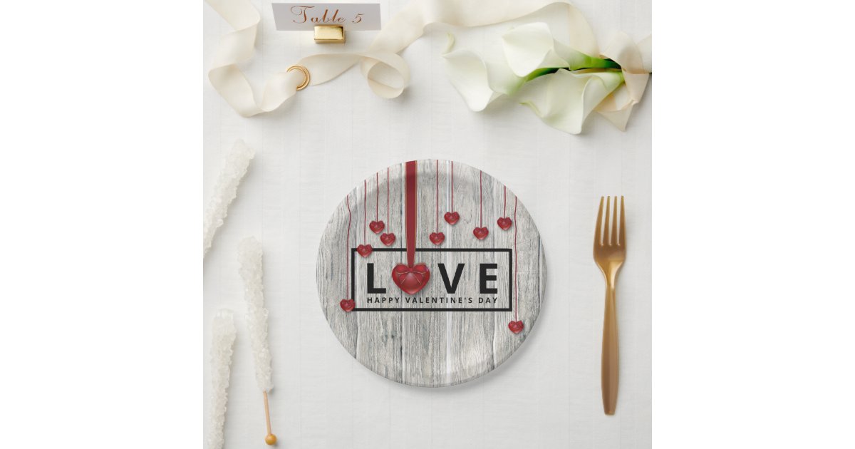 Rustic Wood Valentine's Day LOVE Red Hearts Modern Paper Plates | Zazzle
