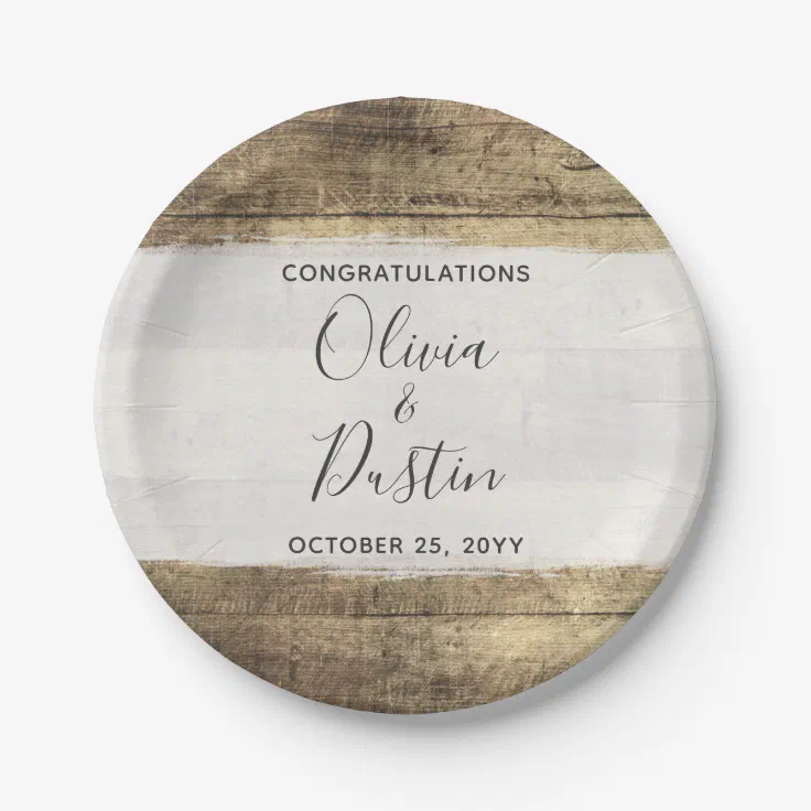Rustic Wood Vintage Country Farmhouse Wedding Paper Plates | Zazzle