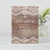 Rustic Wood Vintage Lace Confirmation Invitation | Zazzle