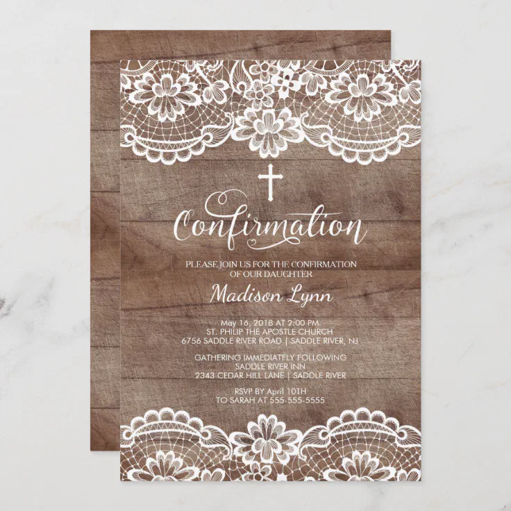 Rustic Wood Vintage Lace Confirmation Invitation | Zazzle