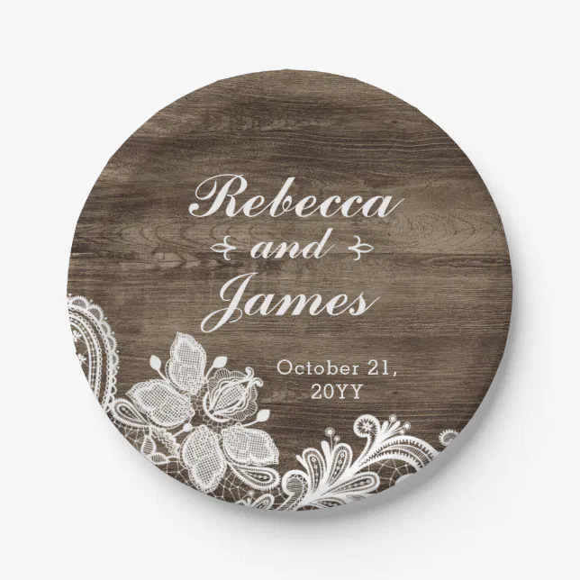 Rustic Wood & Vintage Lace Wedding Personalized Paper Plates | Zazzle