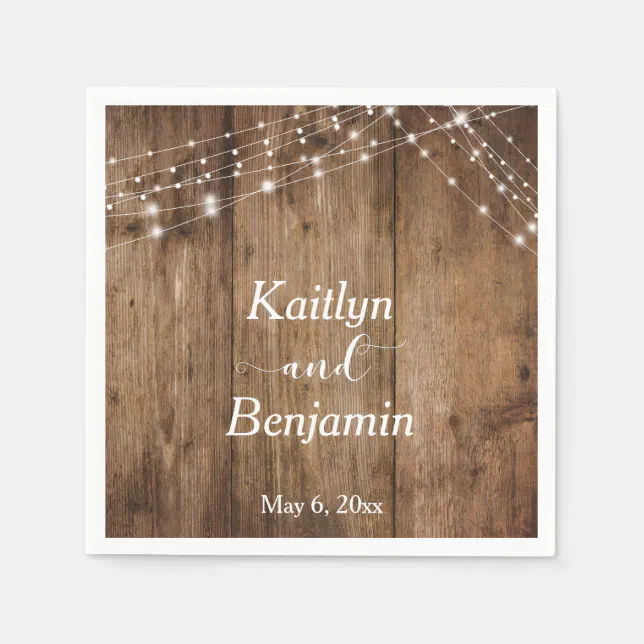 Rustic Wood w/ White Lights and Newlywed Names Napkins | Zazzle