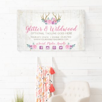 Rustic Wood & Watercolor Floral Antlers Boutique Banner | Zazzle