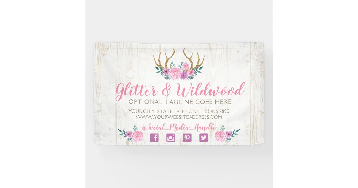 Rustic Wood & Watercolor Floral Antlers Boutique Banner | Zazzle