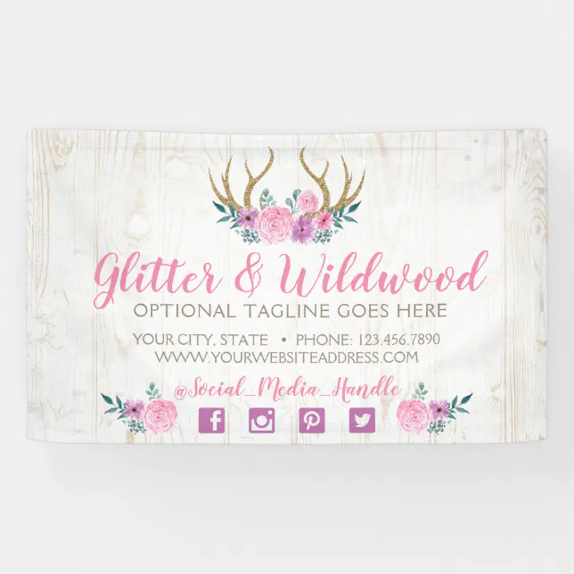 Rustic Wood & Watercolor Floral Antlers Boutique Banner | Zazzle