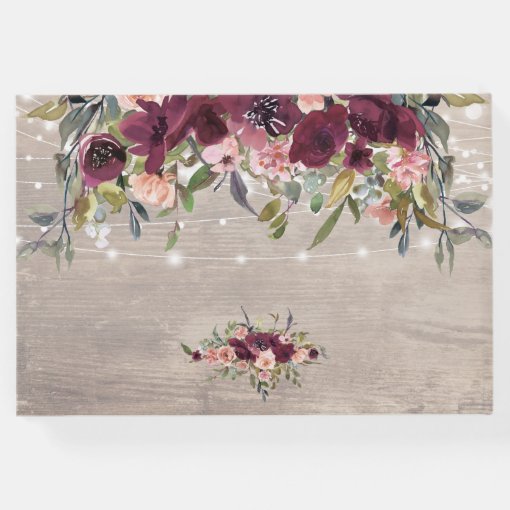 Rustic Wood Watercolor Floral Lights Wedding Guest Book | Zazzle