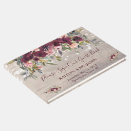 Rustic Wood Watercolor Floral Lights Wedding Guest Book | Zazzle