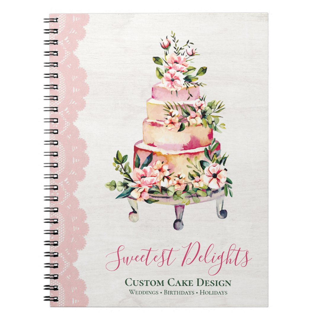 Rustic Wood Watercolor Floral Wedding Cake Bakery Notebook | Zazzle