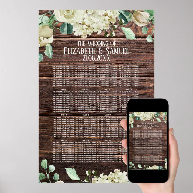 Rustic Wood Watercolor Flowers Wedding Seating Poster | Zazzle