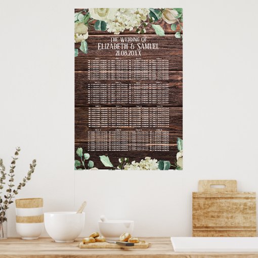 Rustic Wood Watercolor Flowers Wedding Seating Poster | Zazzle