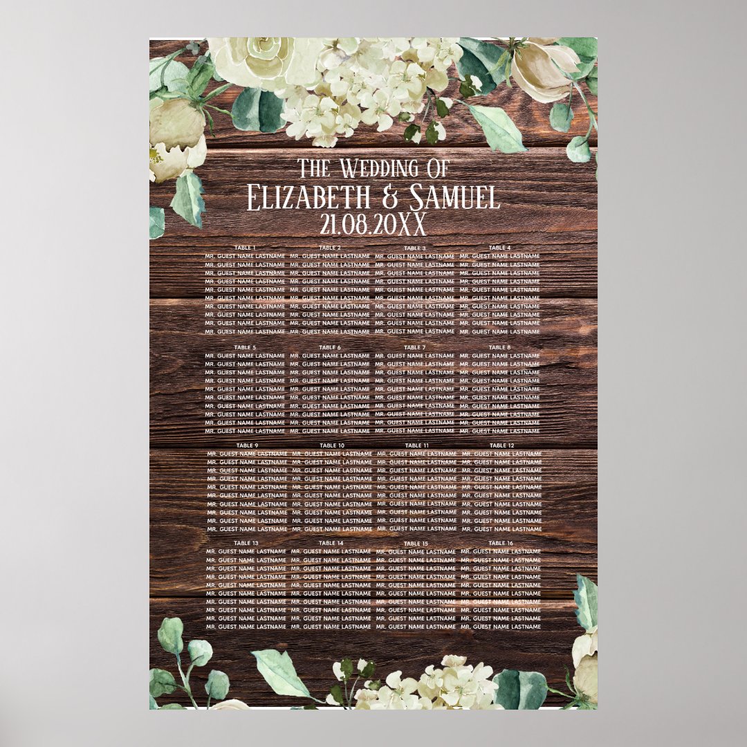 Rustic Wood Watercolor Flowers Wedding Seating Poster | Zazzle