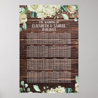 Rustic Wood Watercolor Flowers Wedding Seating Poster | Zazzle