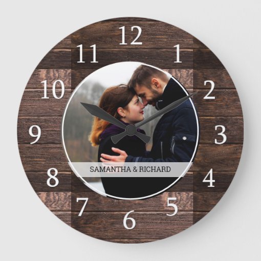 Rustic Wood Wedding Anniversary Custom Photo Large Clock | Zazzle