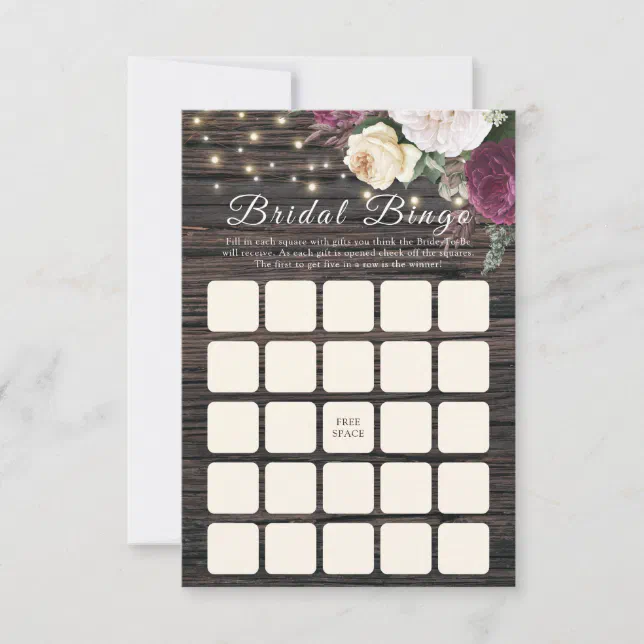 Rustic wood Wedding Bridal Bingo | Zazzle