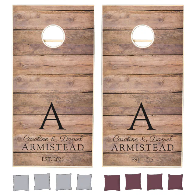 Rustic Wood Wedding Monogram Couple Cornhole Set | Zazzle