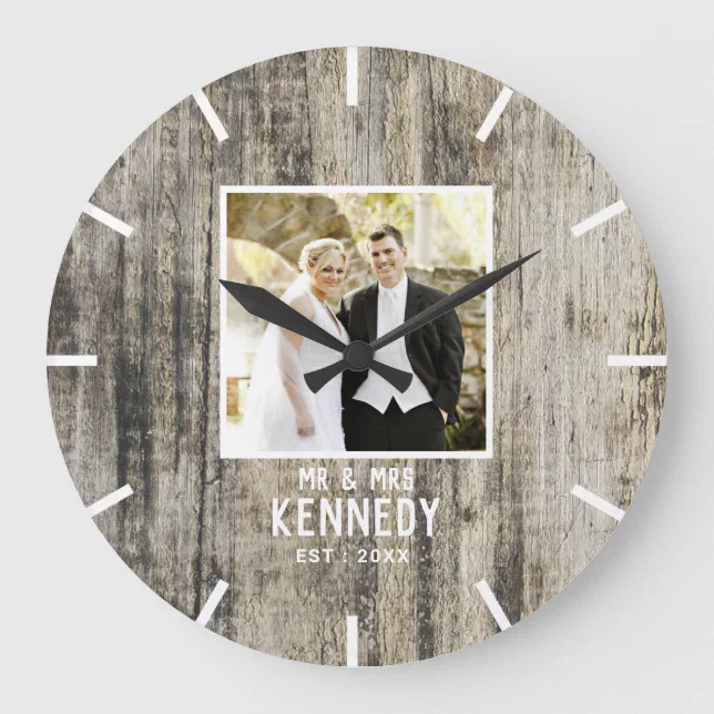 Rustic Wood Wedding Photo Anniversary Personalized Large Clock | Zazzle