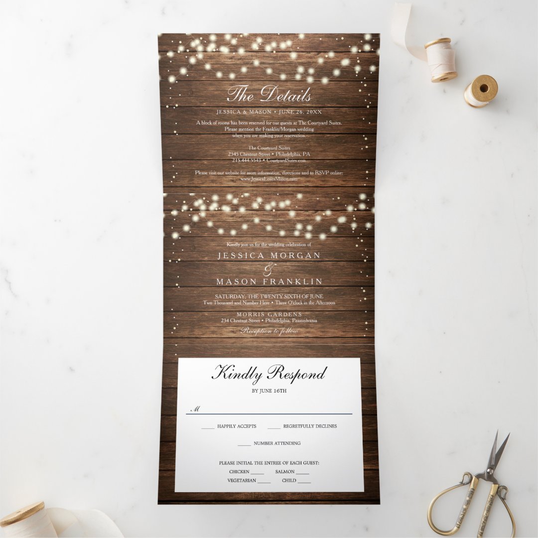 Rustic Wood Wedding Tri-Fold Invitations RSVP | Zazzle