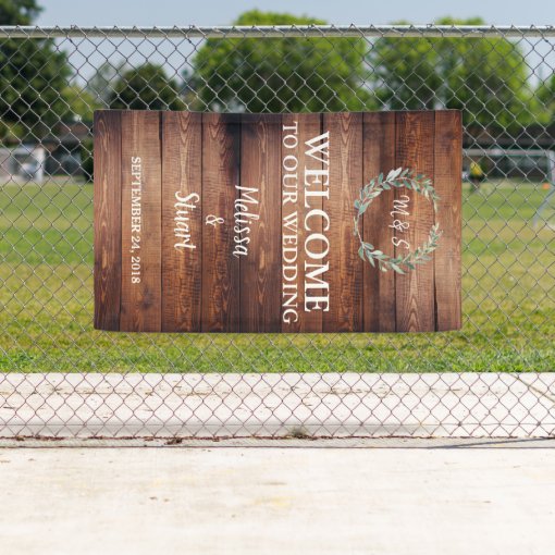 Rustic wood Welcome to our Wedding monogram Banner | Zazzle