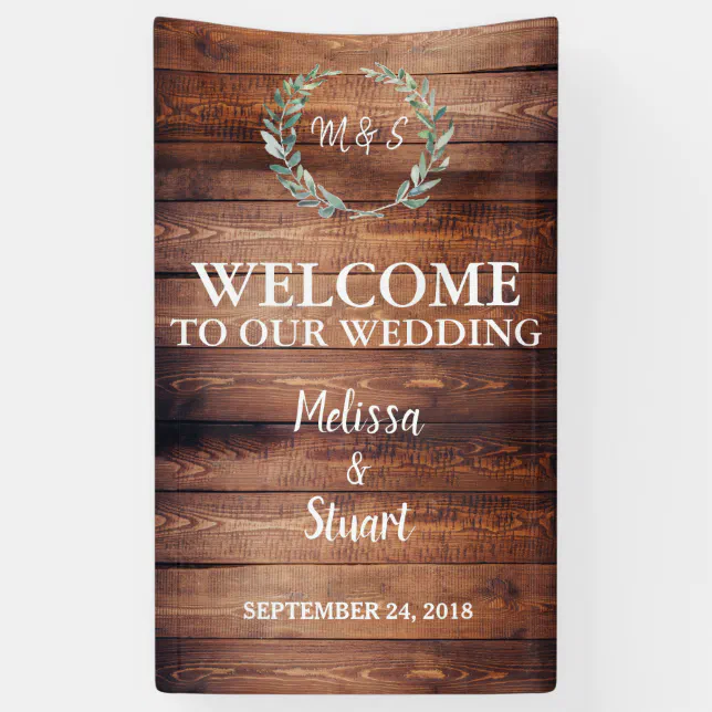 Rustic wood Welcome to our Wedding monogram Banner | Zazzle