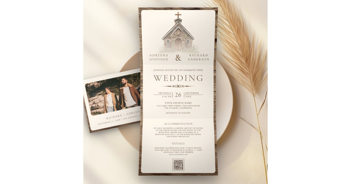 Rustic Wood Western Chapel All in One Wedding Tri-Fold Invitation | Zazzle