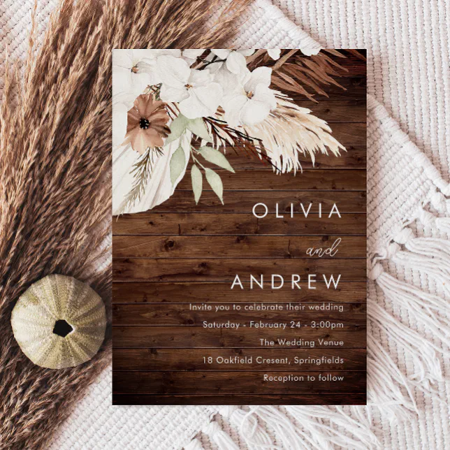 Rustic Wood White Boho Flowers Wedding Invitation | Zazzle