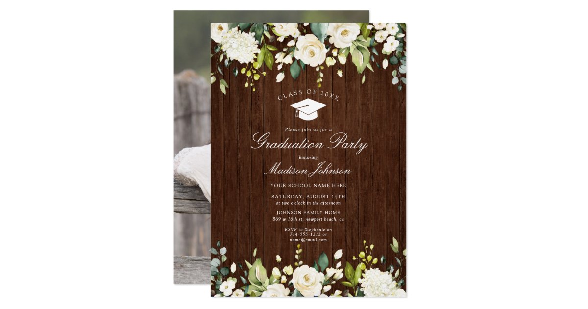 Rustic Wood White Floral Photo Graduation Party Invitation | Zazzle.com