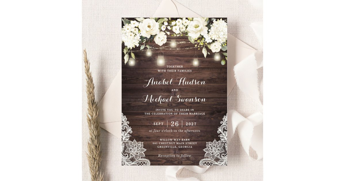 Rustic Wood White Flower Lace String Light Wedding Invitation | Zazzle