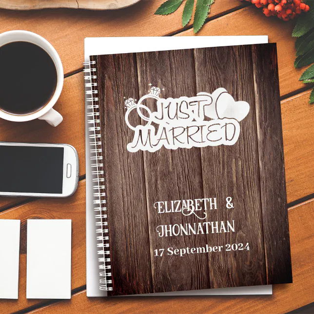 Rustic Wood White Just Married Elegant Weddings Planner | Zazzle