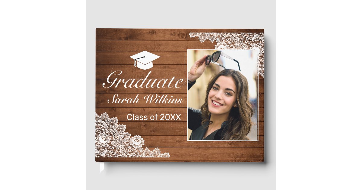 Rustic Wood & White Lace Graduation Photo Guest Book | Zazzle