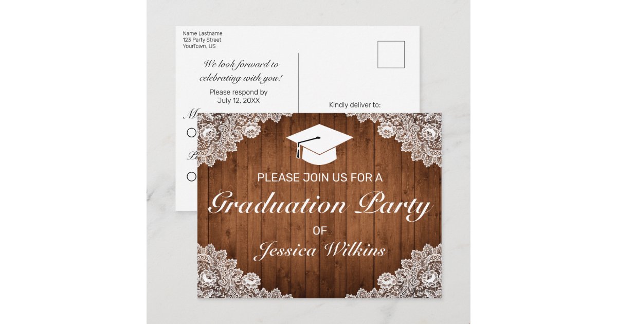 Rustic Wood White Lace Graduation RSVP Invitation Postcard | Zazzle