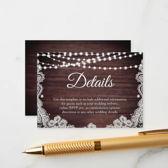 Rustic Wood White Lace String Lights Details Enclosure Card | Zazzle