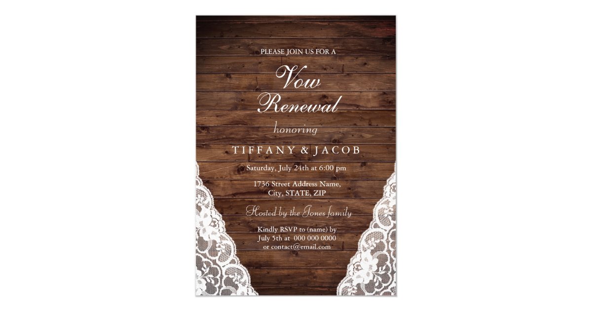 Rustic Wood White Lace Vow Renewal Invite | Zazzle.com