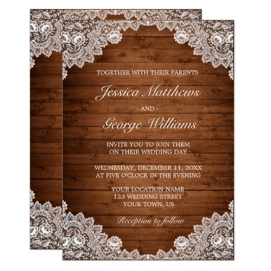 Rustic Wood & White Lace Wedding Invitation | Zazzle.com