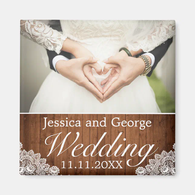 Rustic Wood & White Lace Wedding Photo Magnet | Zazzle
