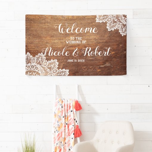 Rustic Wood White Lace Wedding Welcome Banner | Zazzle