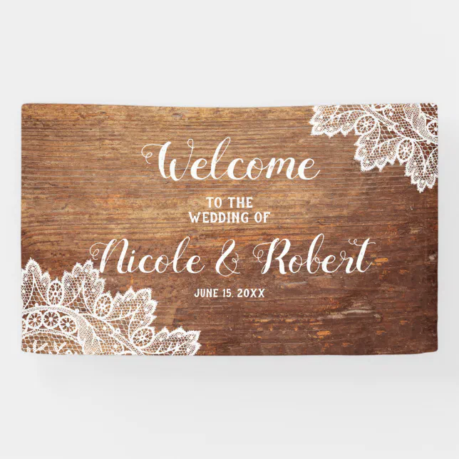 Rustic Wood White Lace Wedding Welcome Banner | Zazzle