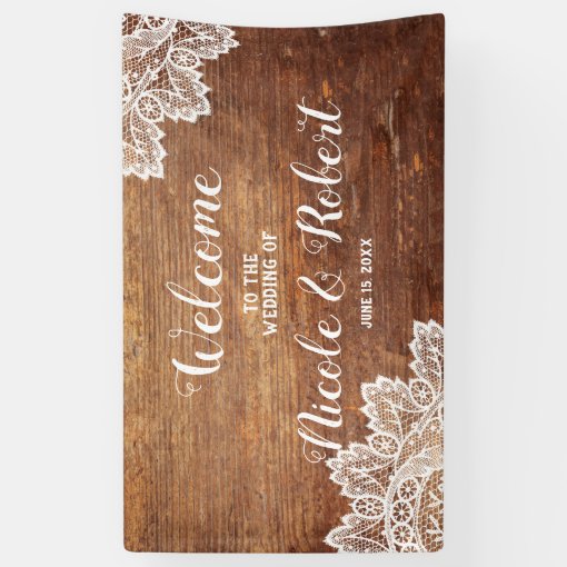 Rustic Wood White Lace Wedding Welcome Banner | Zazzle