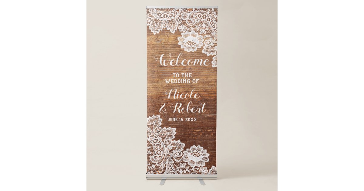 Rustic Wood White Lace Wedding Welcome Retractable Banner | Zazzle