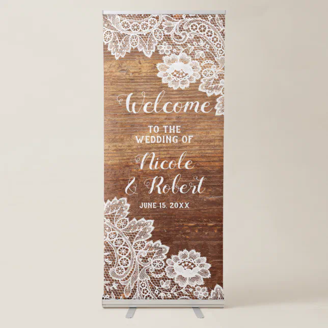 Rustic Wood White Lace Wedding Welcome Retractable Banner | Zazzle