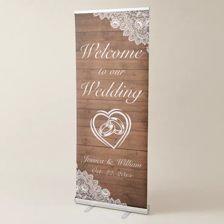 Rustic Wood & White Lace Wedding Welcome Retractable Banner | Zazzle