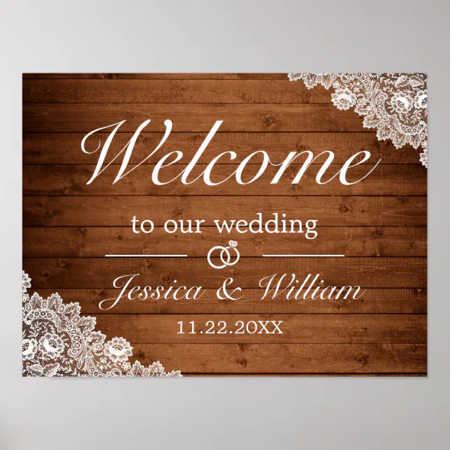 Rustic Wood & White Lace Wedding Welcome Sign | Zazzle