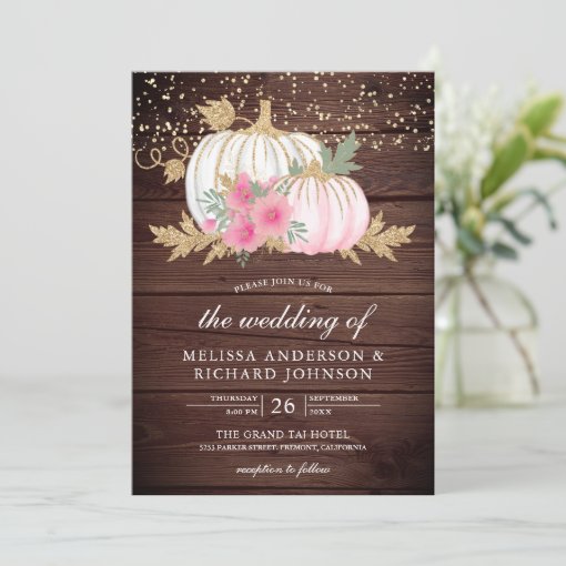 Rustic Wood White Pumpkin Pink Floral Fall Wedding Invitation | Zazzle